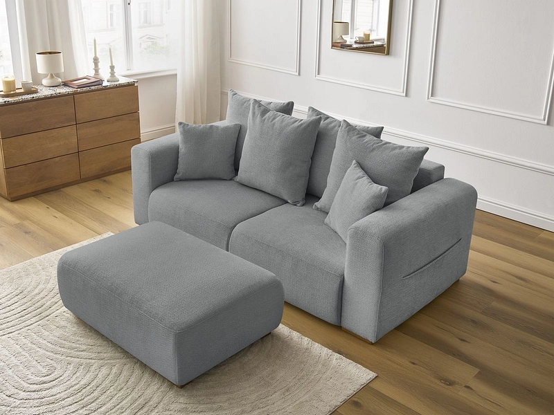 2er Sofa mit Hocker BOBOCHIC SIDONIE Stoff chiniert dunkelgrau ...