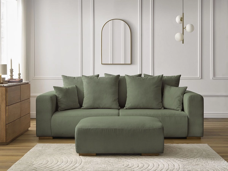 3er Sofa mit Hocker BOBOCHIC SIDONIE Cord-Stoff grün - Conforama CH