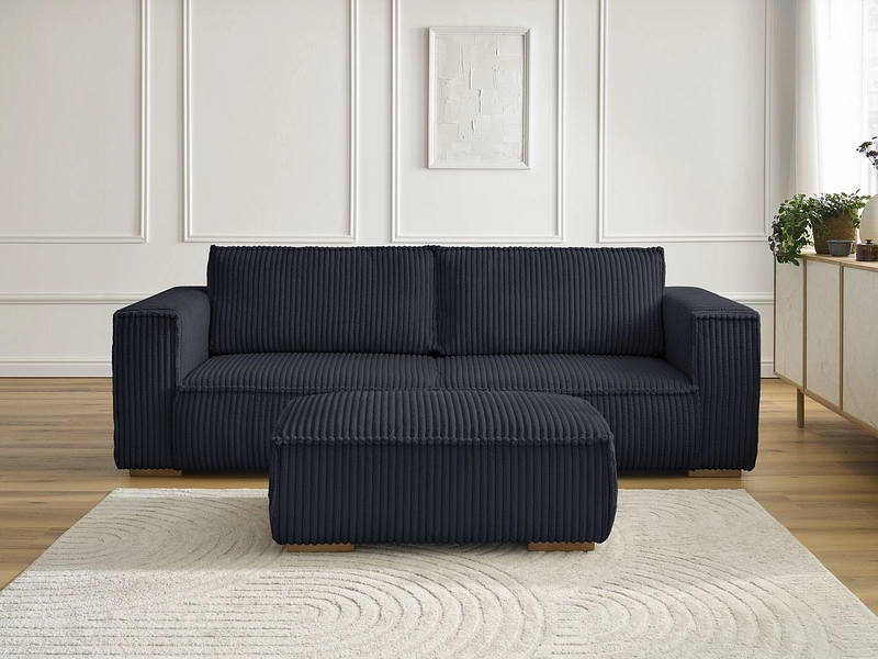 3er Sofa mit Hocker BOBOCHIC CHELSEA Cord-Stoff schwarz - Conforama CH